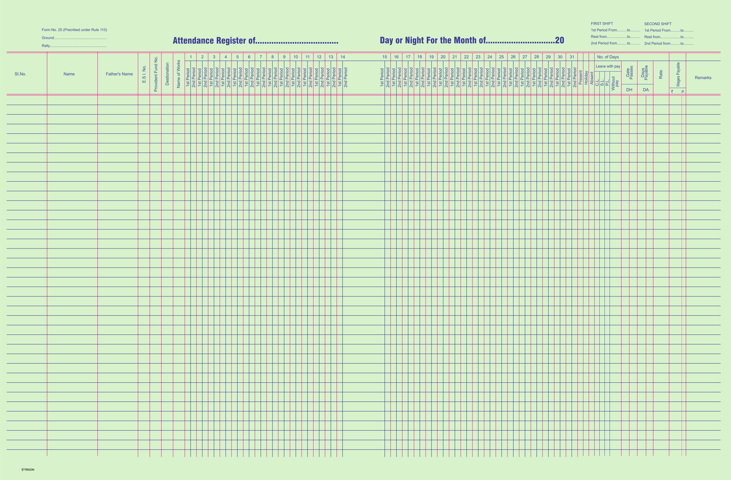 Attendance Register (Form No. 25) (Size A3) – Trison
