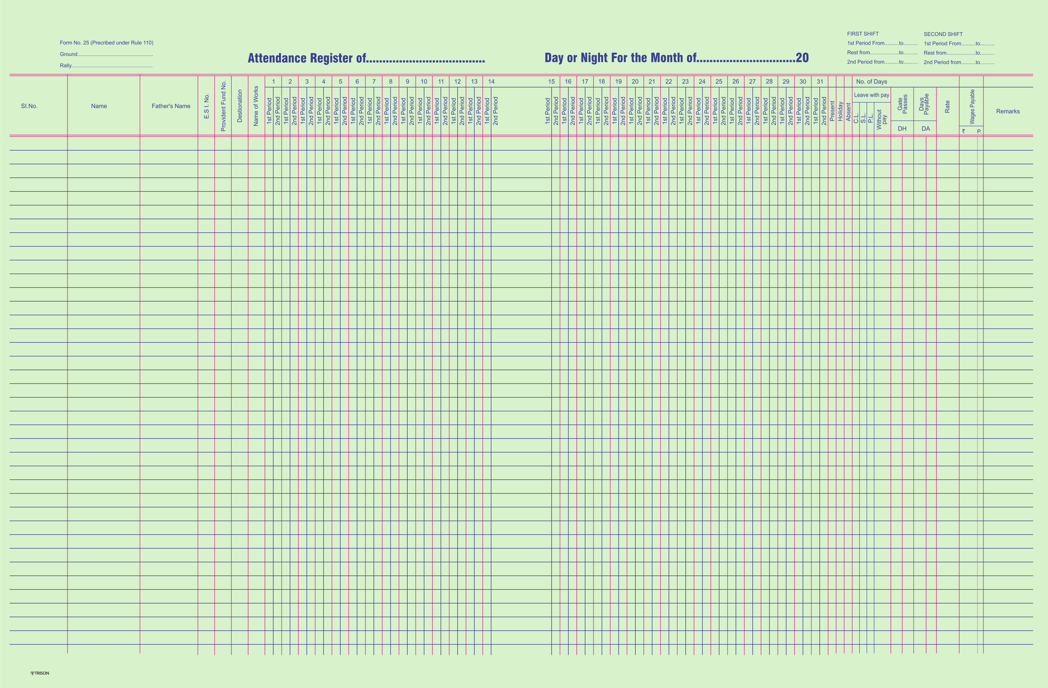 Attendance Register (Form No. 25) (Size A3) – Trison