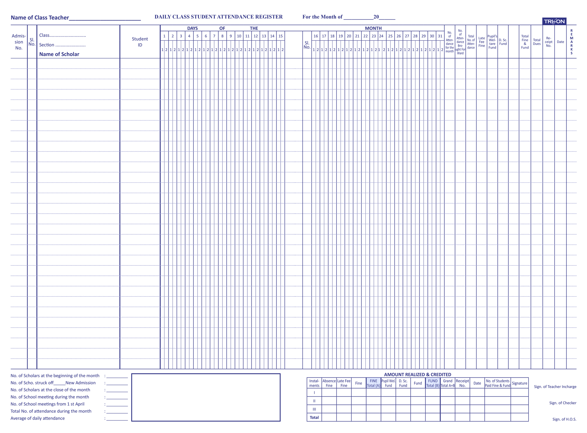 Special Student Attendance Register – Trison